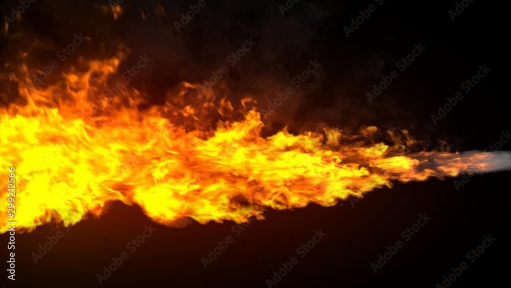 Animated realistic streams of fire with black smoke similar to a shot ...