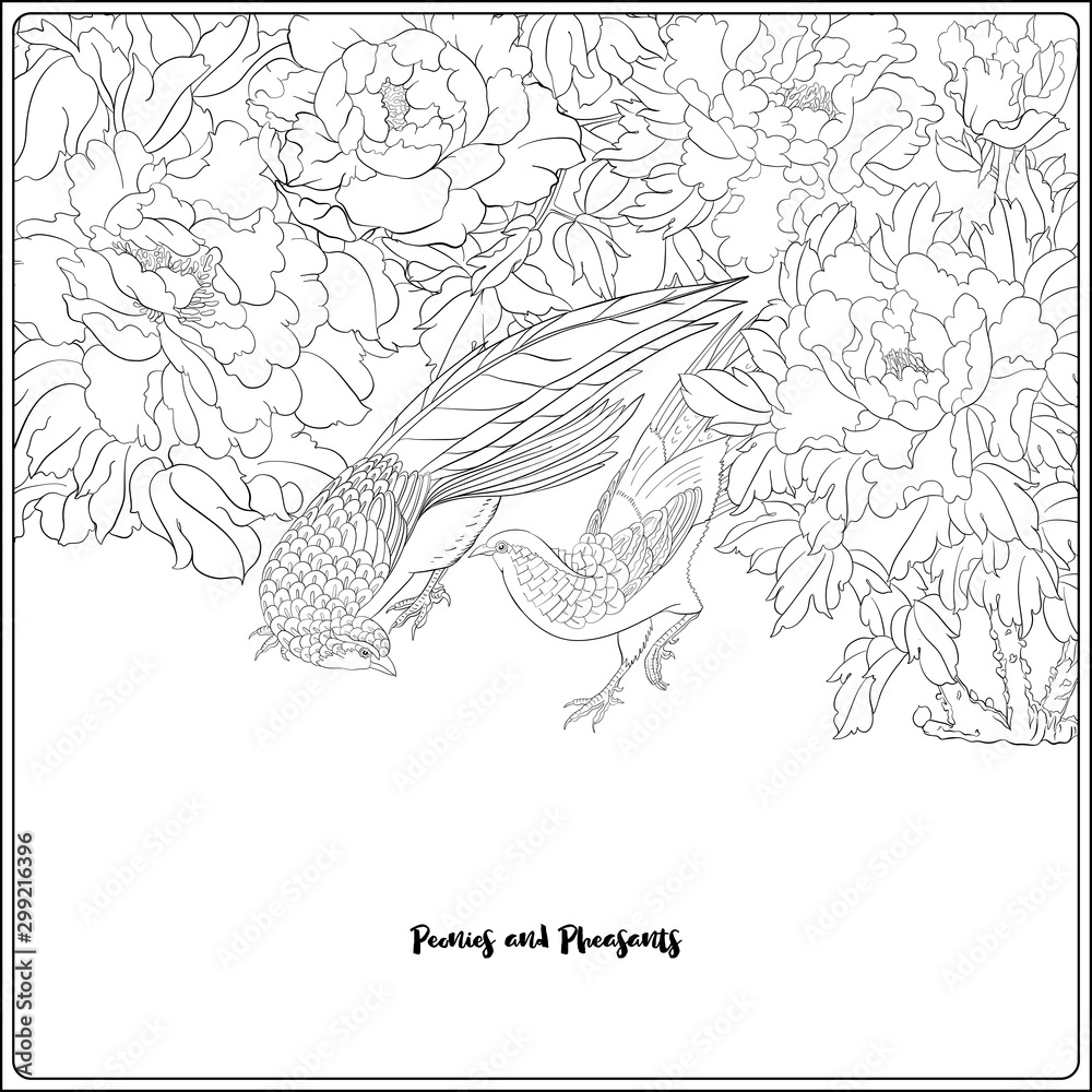 Peony tree branch with flowers with pheasants in the style of Chinese ...