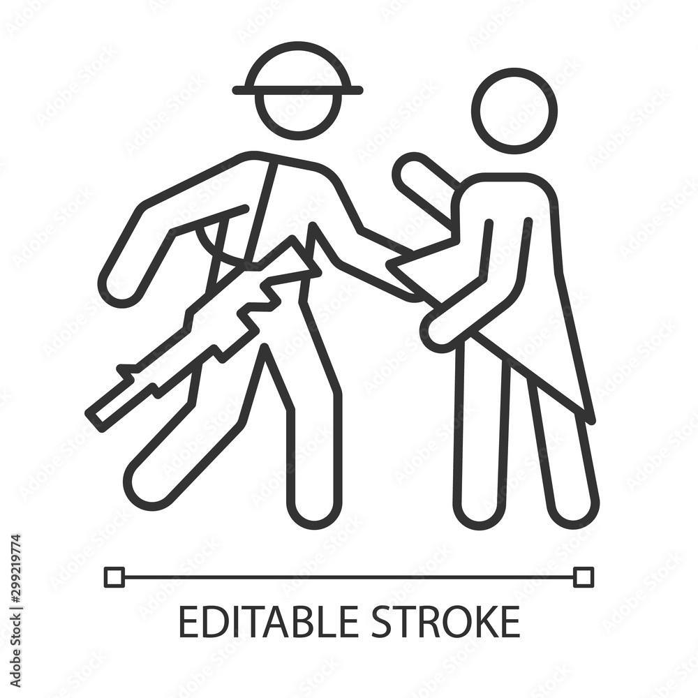 War rape linear icon. Women abuse, violent behavior of a soldier ...