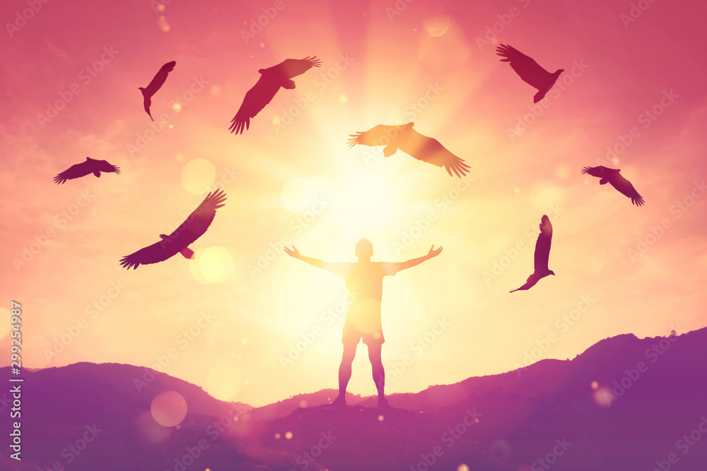 Man raise hand up on top of mountain and sunset sky with eagle birds ...