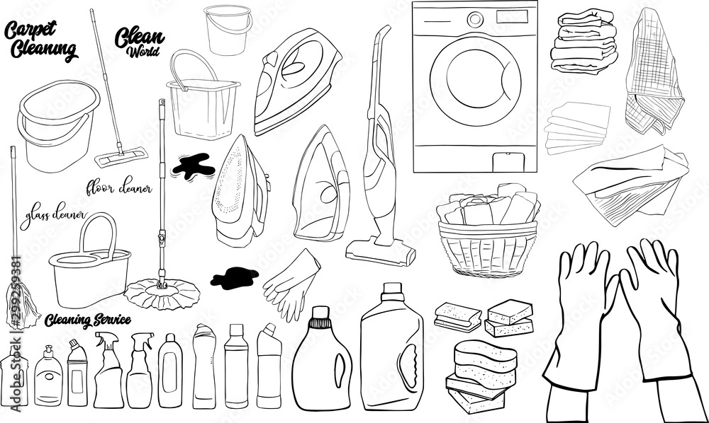 Vector set with hand drawn, isolated doodles of cleaning service on ...