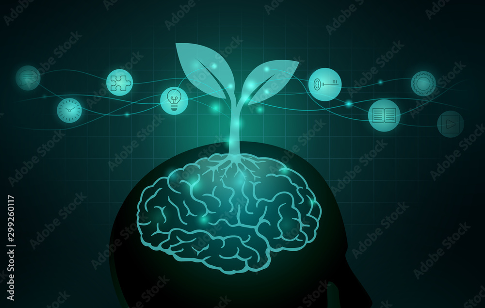 Tree growing out of human brain. Silhouette illustration about the ways ...