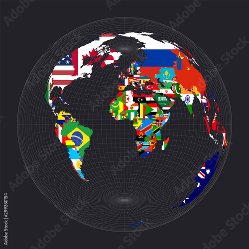 World map with flags. Lambert azimuthal equal-area projection. Map of ...