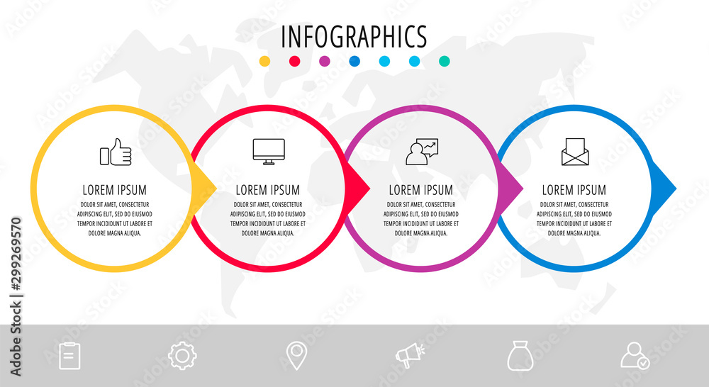 Fototapeta mapa świata dla dzieci Vector infographic flat template. Circles with arrow for four ...