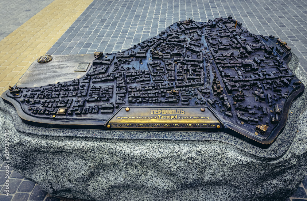 Ternopil, Ukraine - June 9, 2017: Brozne map of Ternpoil city in front ...