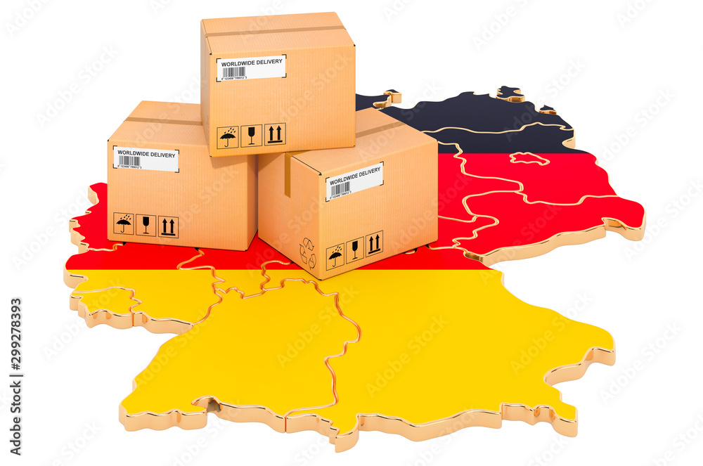 Parcels on the Deutsch map. Shipping in Germany, concept. 3D rendering ...