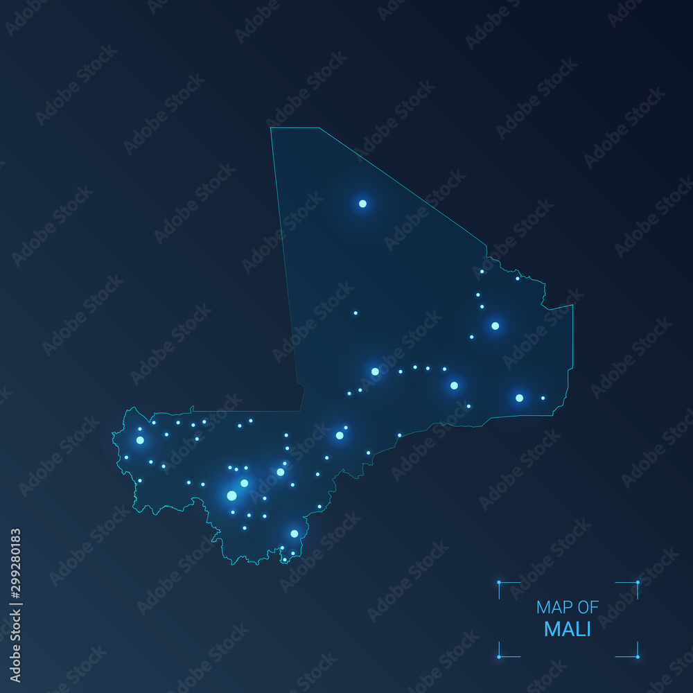 Mali map with cities. Luminous dots - neon lights on dark background ...