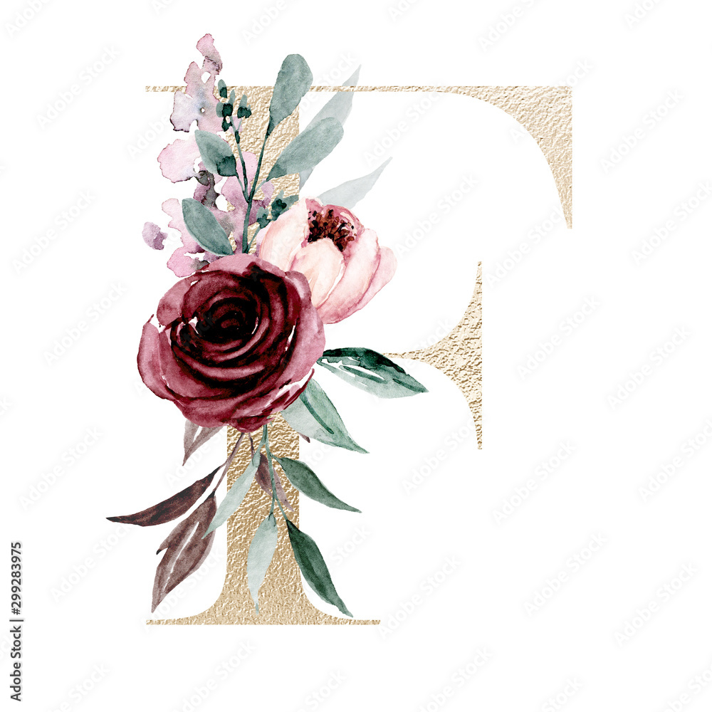 Floral alphabet, letter F with watercolor flowers and leaf. Gold ...