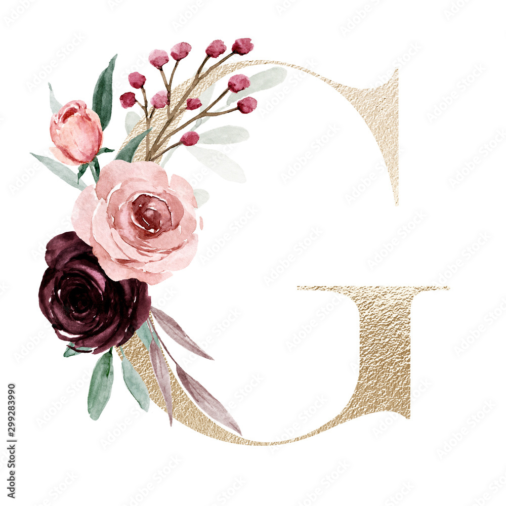 Floral alphabet, letter G with watercolor flowers and leaf. Gold ...