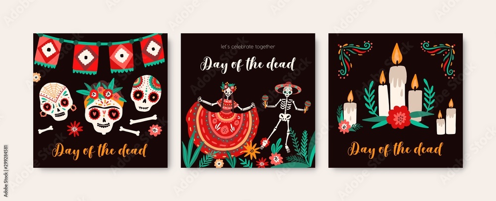 Day of dead holiday cards templates set. Decorated sugar skulls color ...