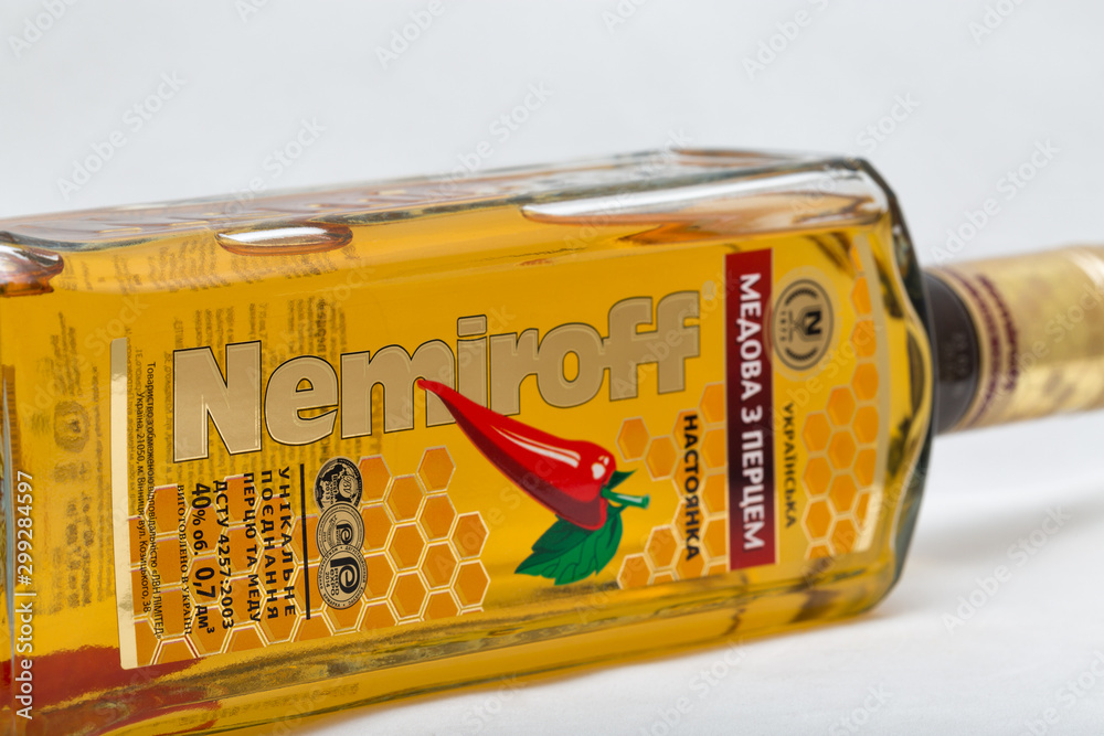 Nemiroff Honey Pepper Ukrainian vodka bottle closeup on white ...