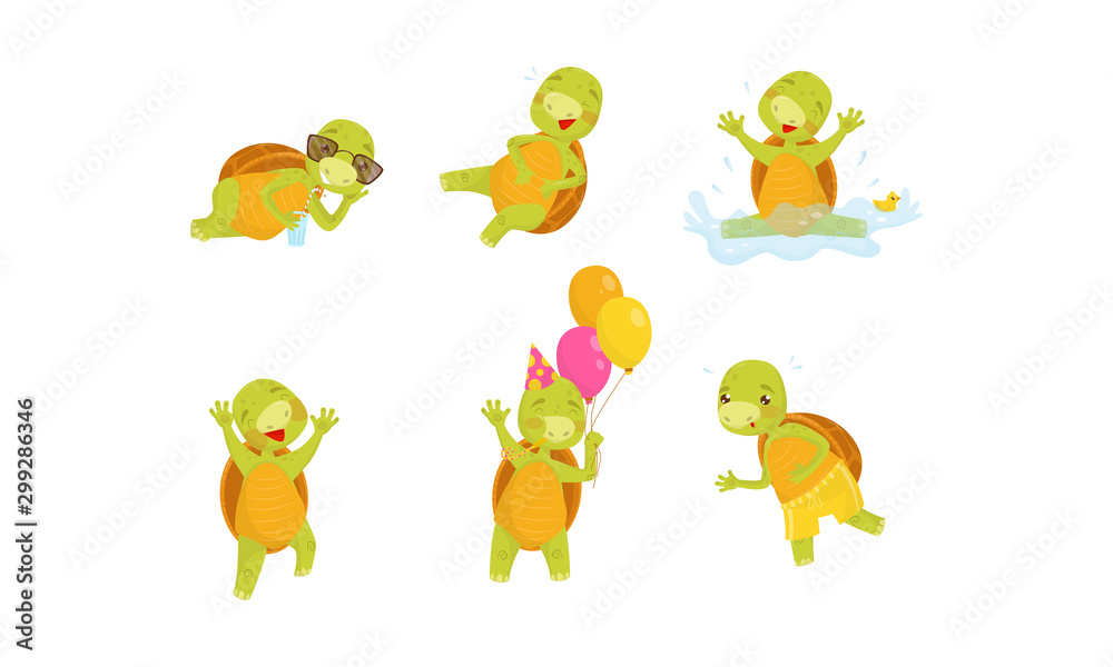 Cartoon Kids Turtle Character Vector Illustrated Set Stock Vector ...