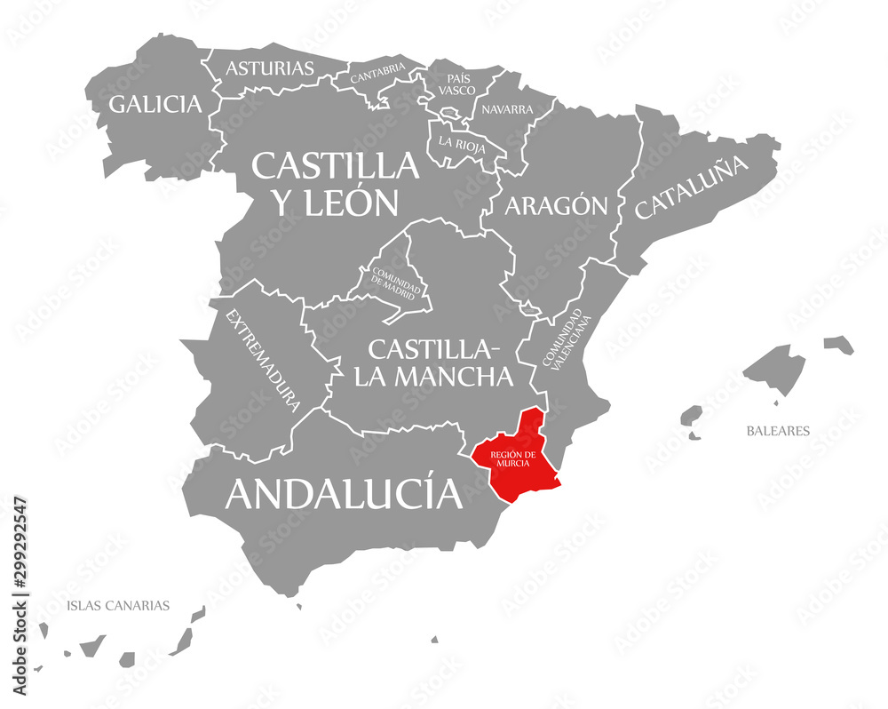 Region of Murcia red highlighted in map of Spain Stock Illustration ...