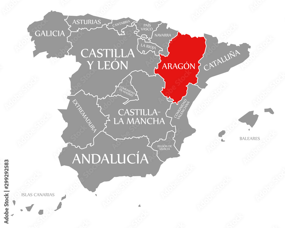 Aragon red highlighted in map of Spain Stock Illustration | Adobe Stock