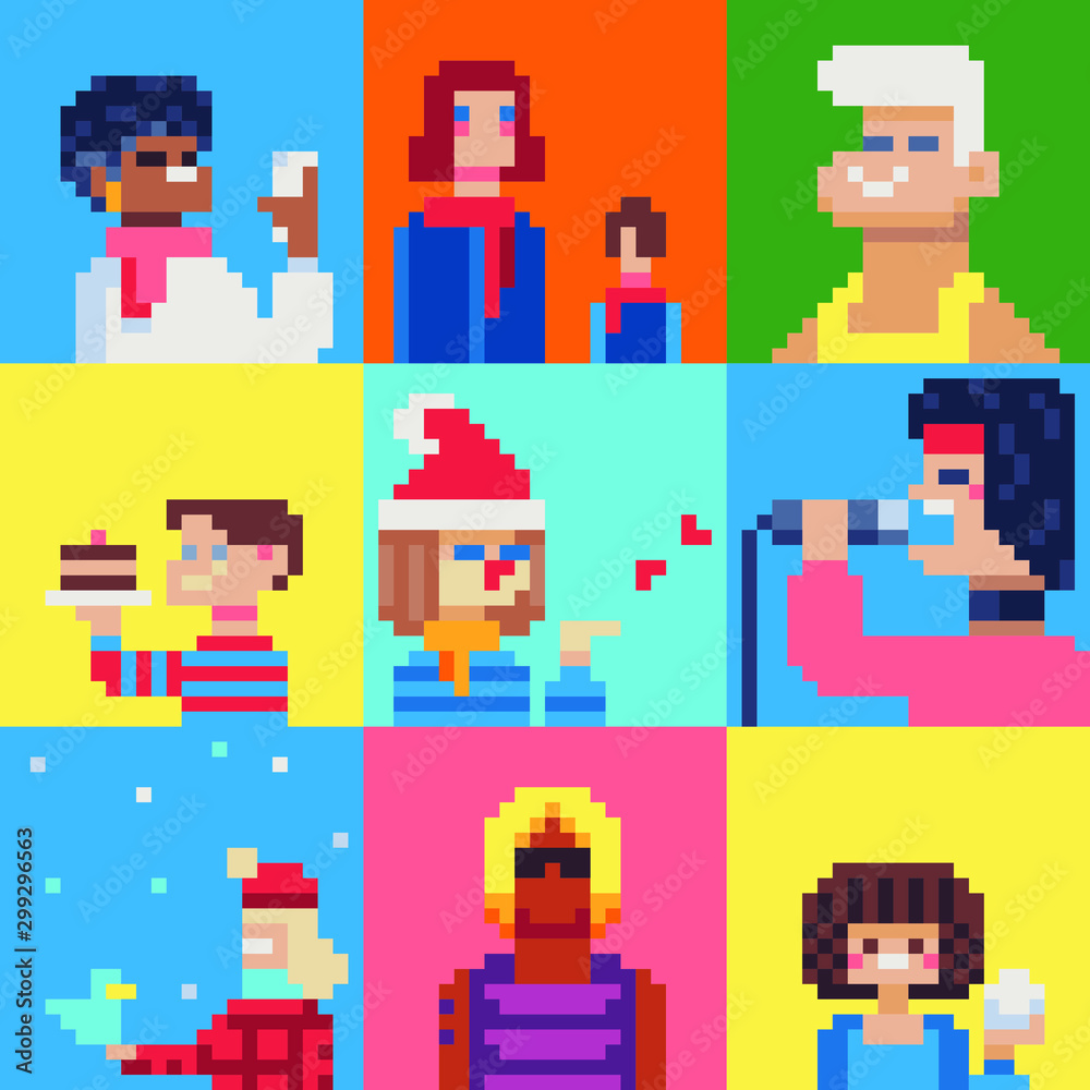 People characters pixel art set. selfie, mom, man, boy’s cake, singer ...