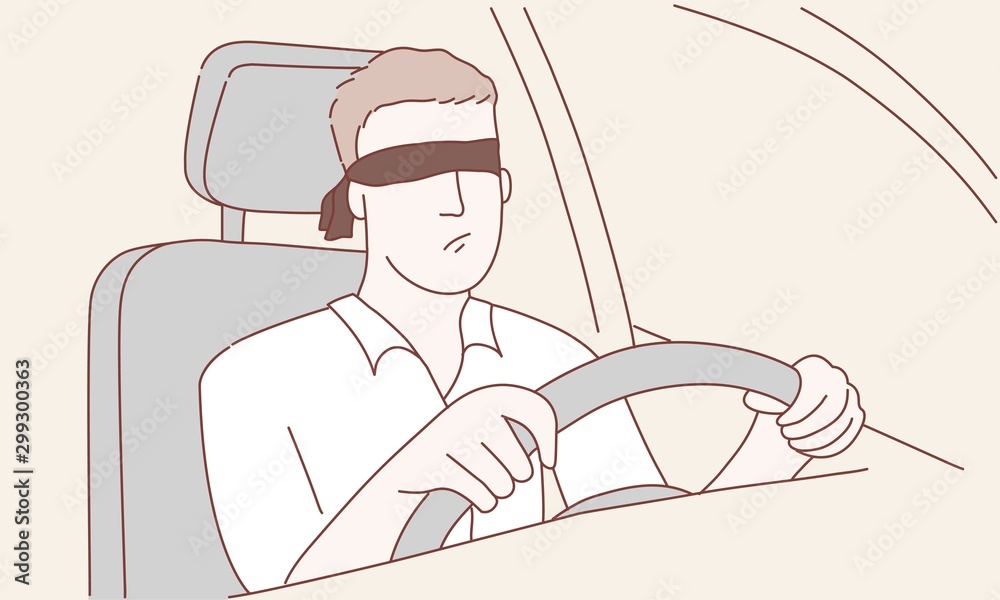 Blindfolded man drives a car. Inattentive driving concept. Hand drawn ...
