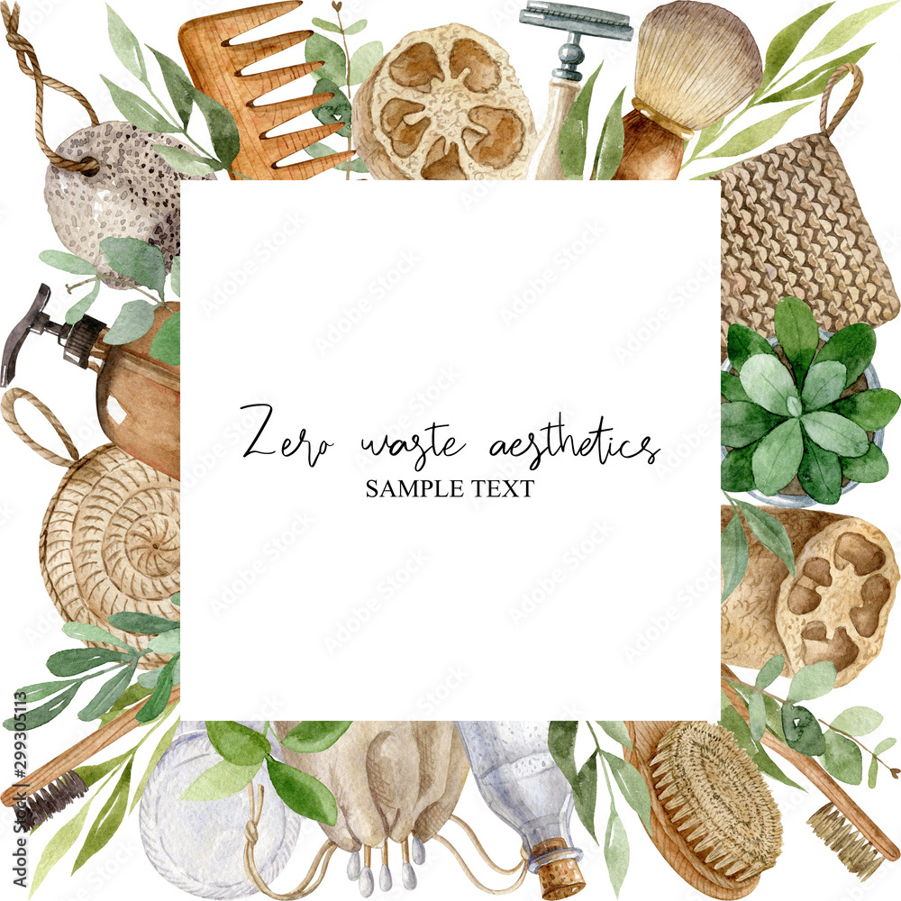 Zero waste aesthetics-watercolor isolated outer square frame with eco ...