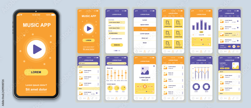 Music mobile app interface design vector templates set. Audio player ...