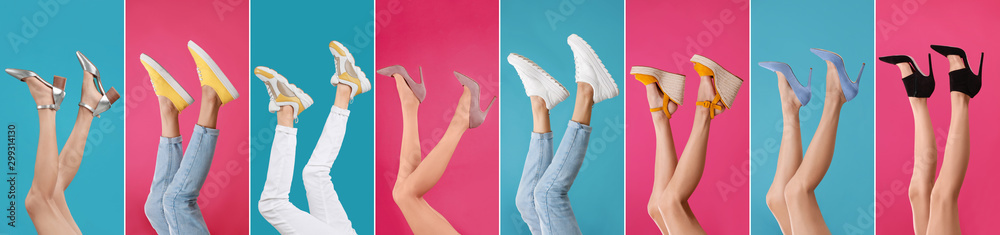 Collage of women wearing different stylish shoes on color backgrounds ...