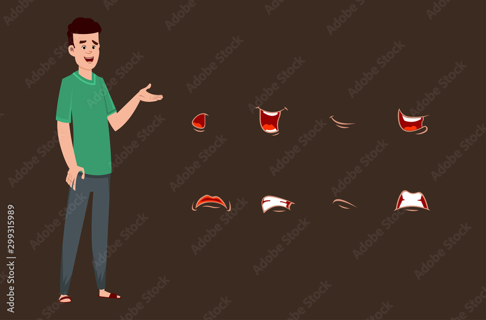 Young boy character with various expression or emotion. Character sheet ...