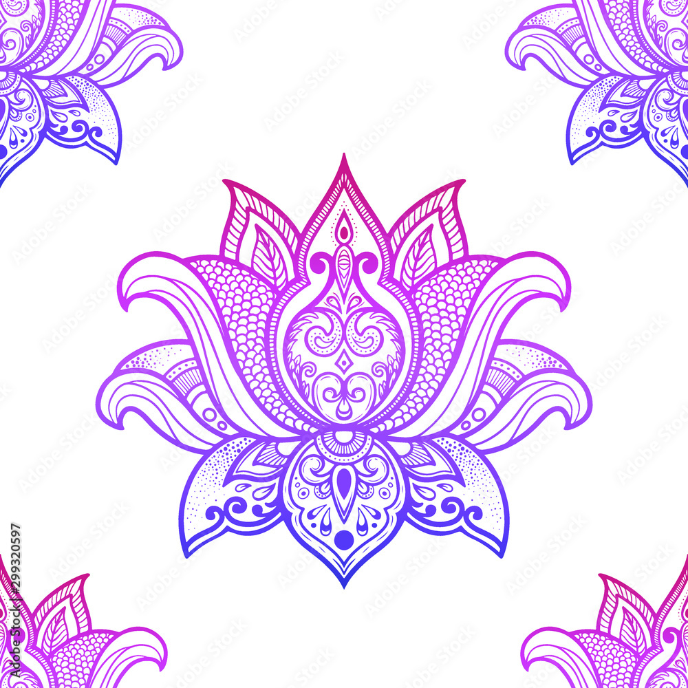 vector illustration of hand drawn lotus mandala, seamless pattern Stock ...
