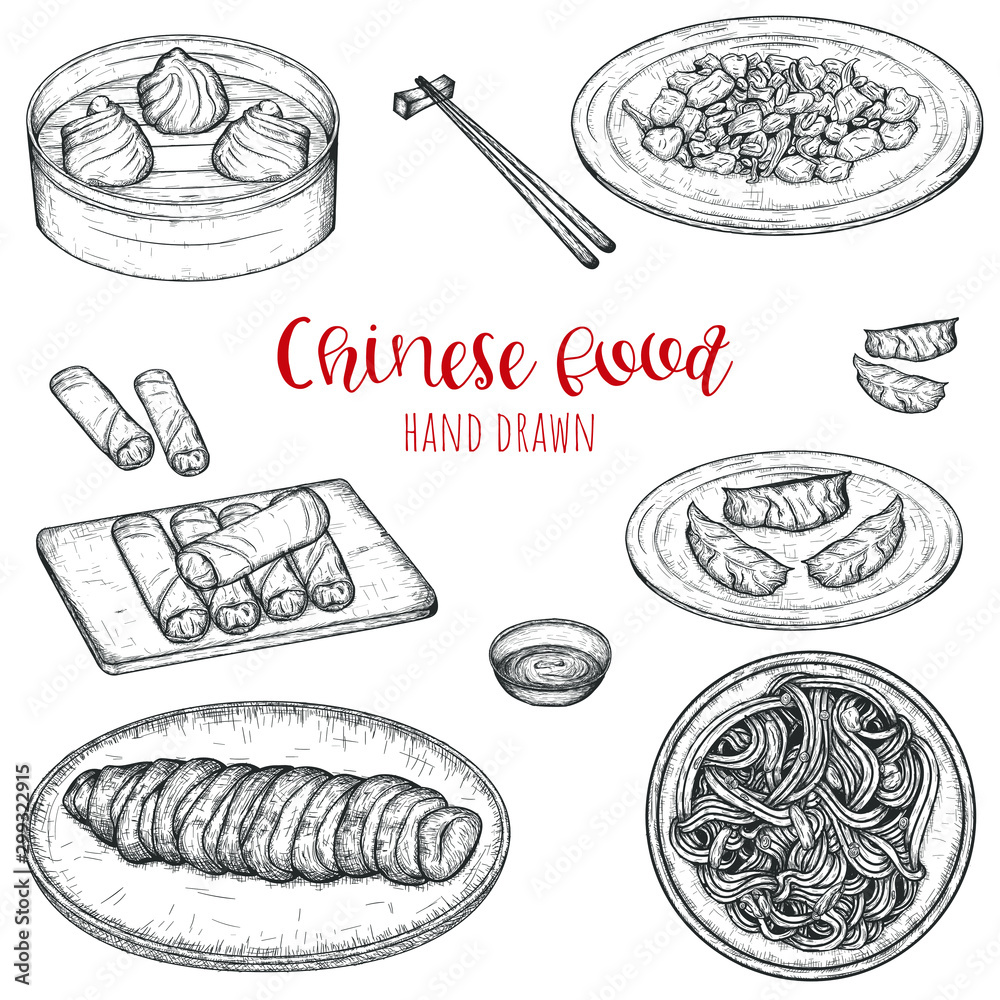 Chinese popular dishes hand drawn vector set, sketched isolated ...