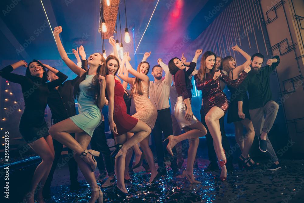 Low angle full size view photo of positive cheerful youth people party ...