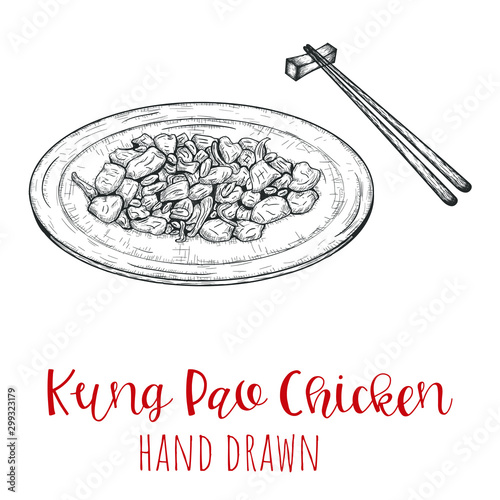Kung Pao chicken chinese dish, hand drawn vector illustration, isolated ...