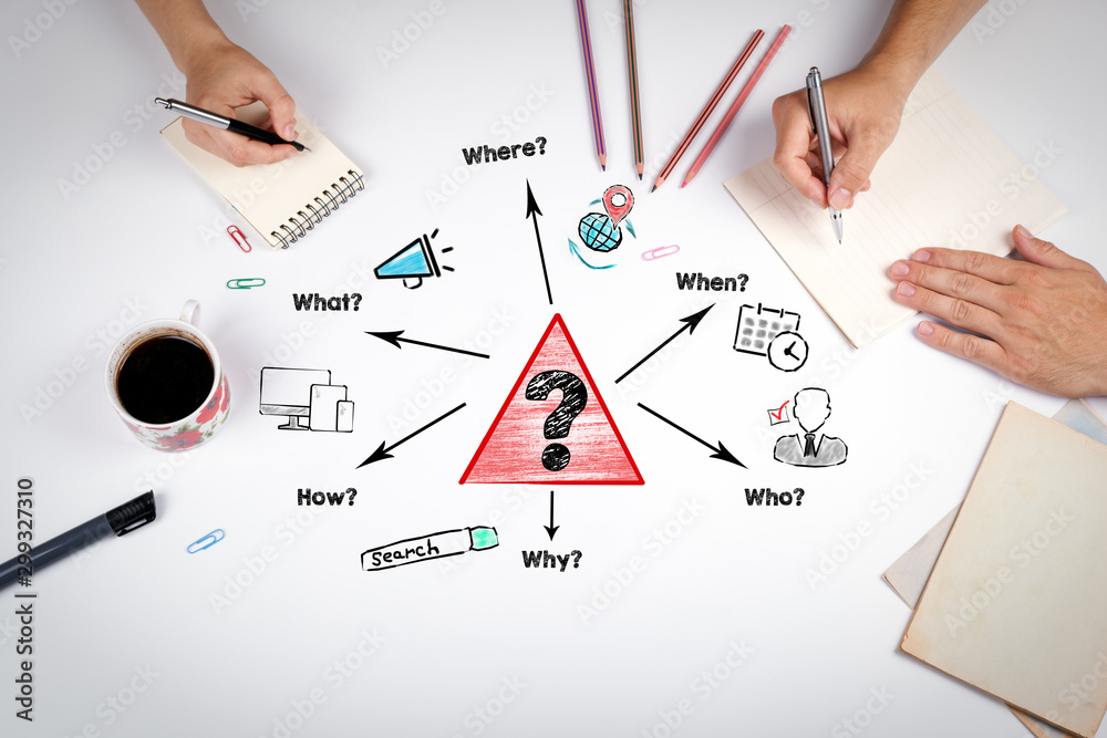 Communication, Question mark with question words. Learning, searching ...