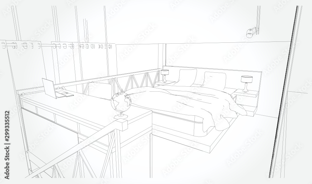 Linear sketch of an interior. Room plan. Sketch Line bedrooms. Vector ...