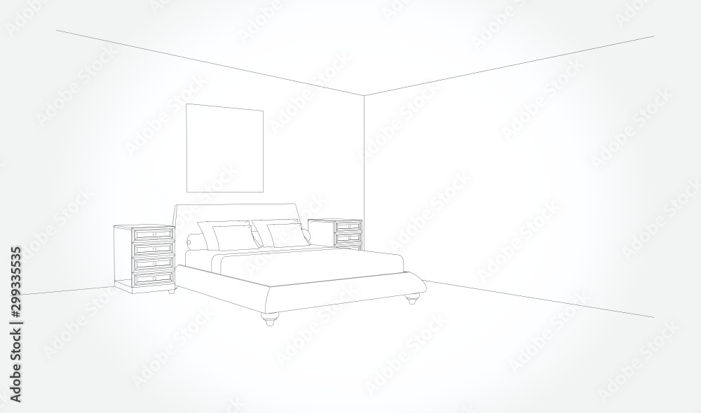 Linear sketch of an interior. Room plan. Sketch Line bedrooms. Vector ...