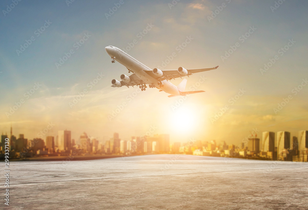 jet plane flying over runways and beautiful dusky sky with copy space ...