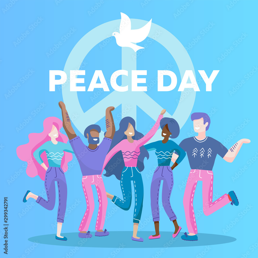 Characters of people on the background of big peace icon illustration ...