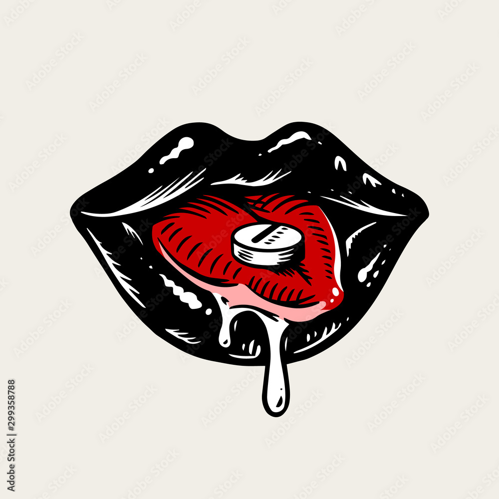 Sexy Lips in vintage style for tattoo. Medical drug on the tongue ...