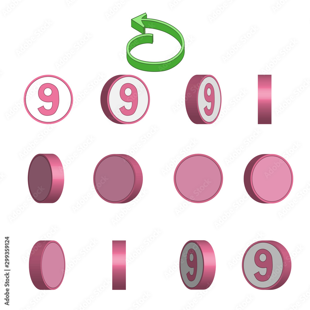 Number 9 in circle rotation sequence sprite sheet on white background ...