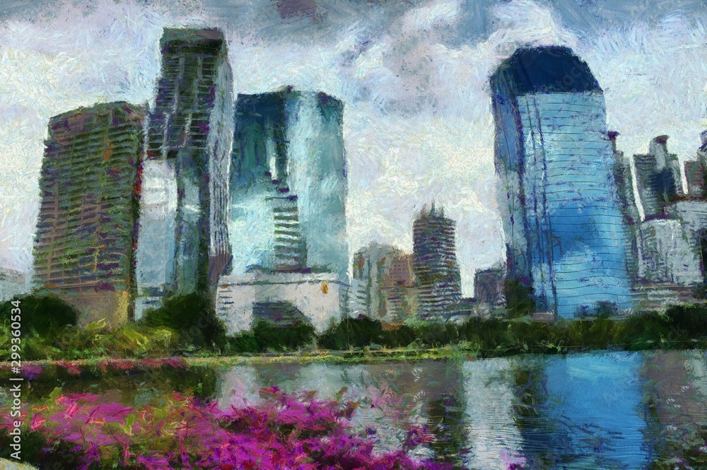 The landscape of tall buildings and water Illustrations creates an ...