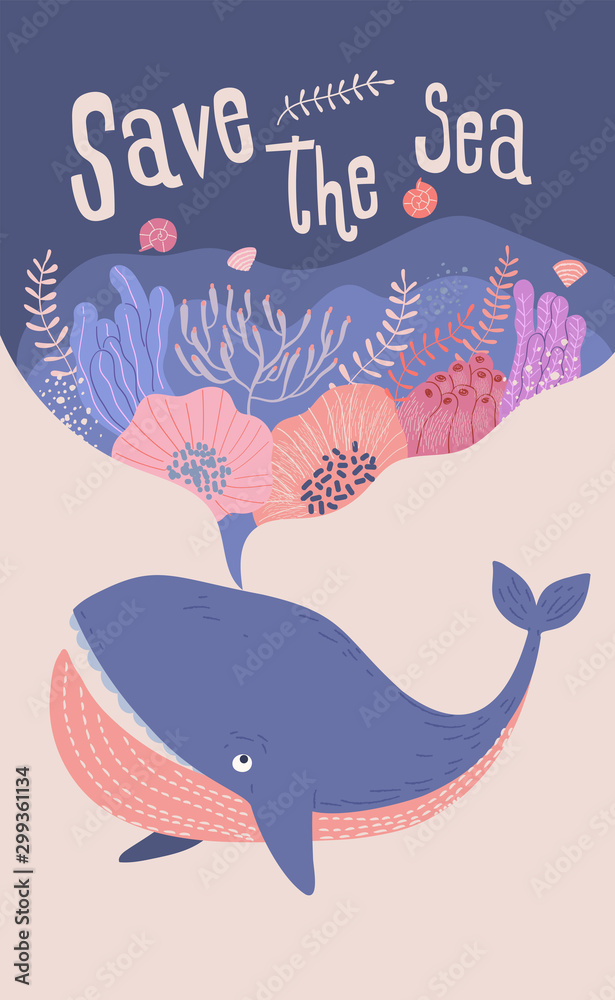 Design elements of whale and undersea plants with the letter Save the ...