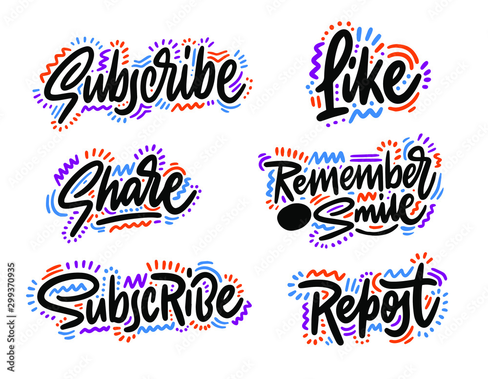 Set of Like Share Repost Subscribe hand lettering stickers. Typographic ...