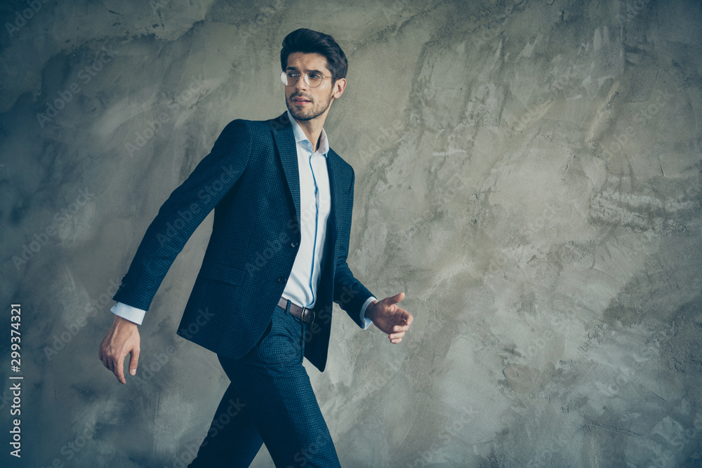 Profile side photo of worried guy business man go walk have work ...