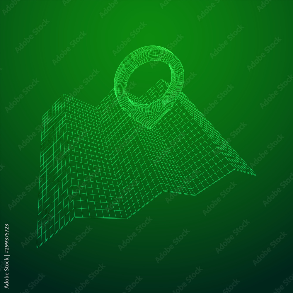 Geo map pin with folding map. Place symbol GPS pictogram. Wireframe low ...