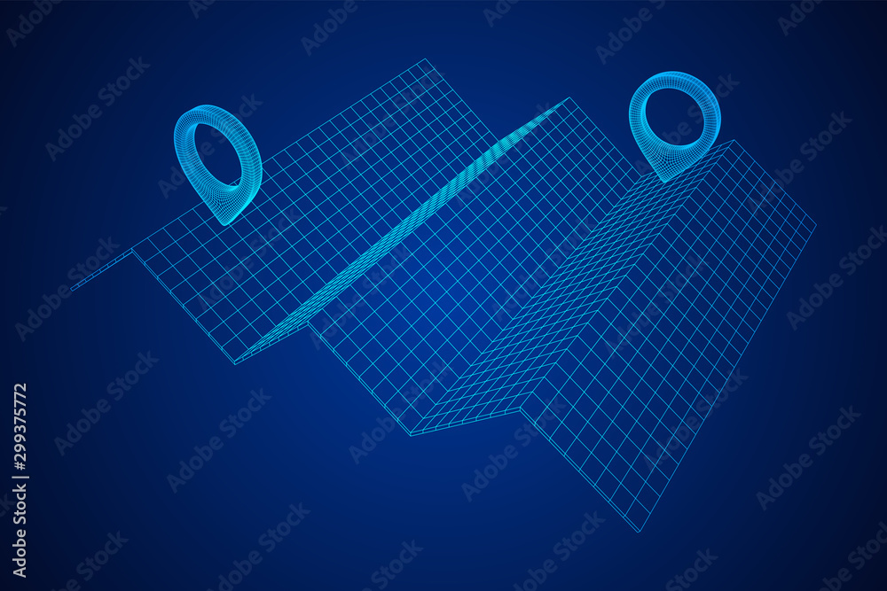Geo map pin with folding map. Place symbol GPS pictogram. Wireframe low ...
