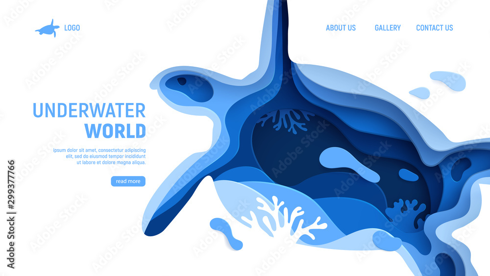 Underwater world page template. Paper art underwater world concept with ...