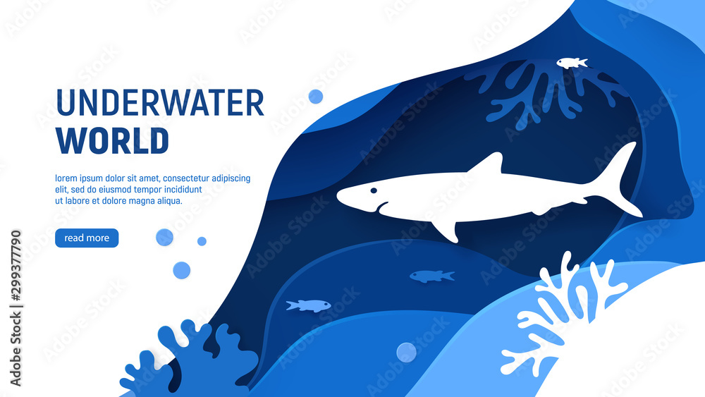 Underwater world page template. Paper art underwater world concept with ...