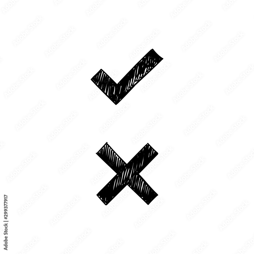 Checkmark icon doodles. Approval tick and wrong X cross. Hand drawn ...