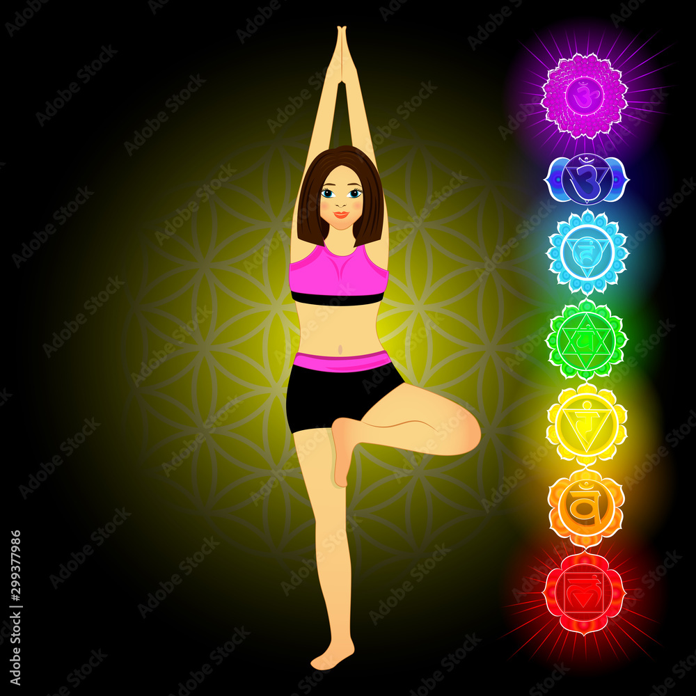 Vector illustration of beautiful woman doing yoga. Seven chakras. Stock ...