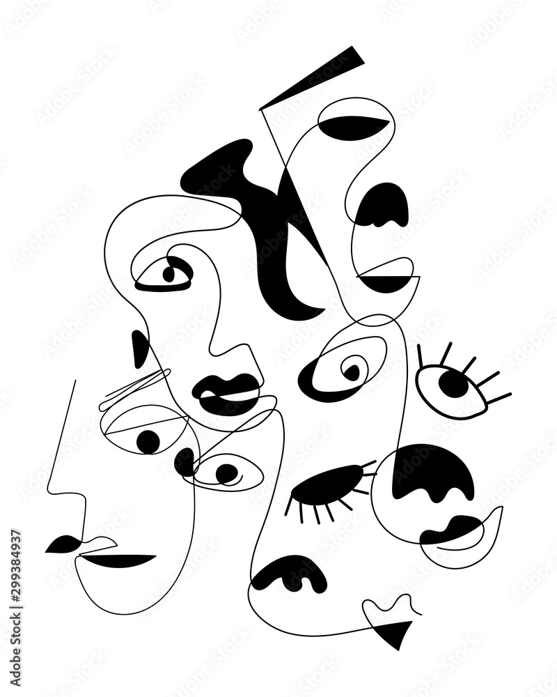 Set Of Abstract Face One Line Drawing Portrait Minimalistic Style