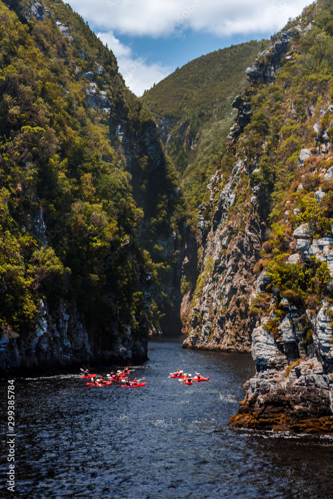 A group of people in Kayaks setting out on a tour up Storms River gorge ...