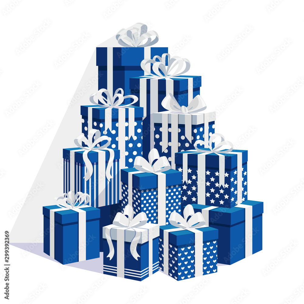 Big pile of blue gift box, present with ribbon, bow isolated on white ...