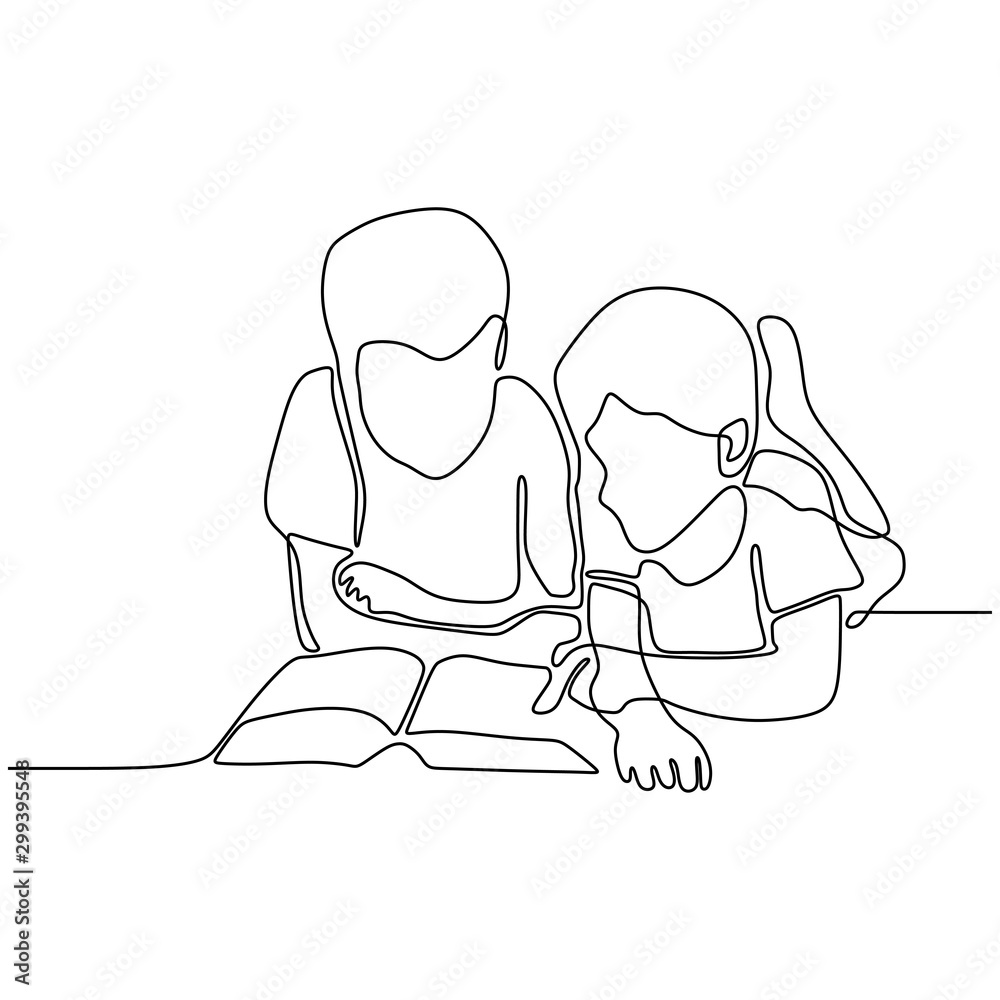 continuous line drawing of kids reading books for study. Educational ...