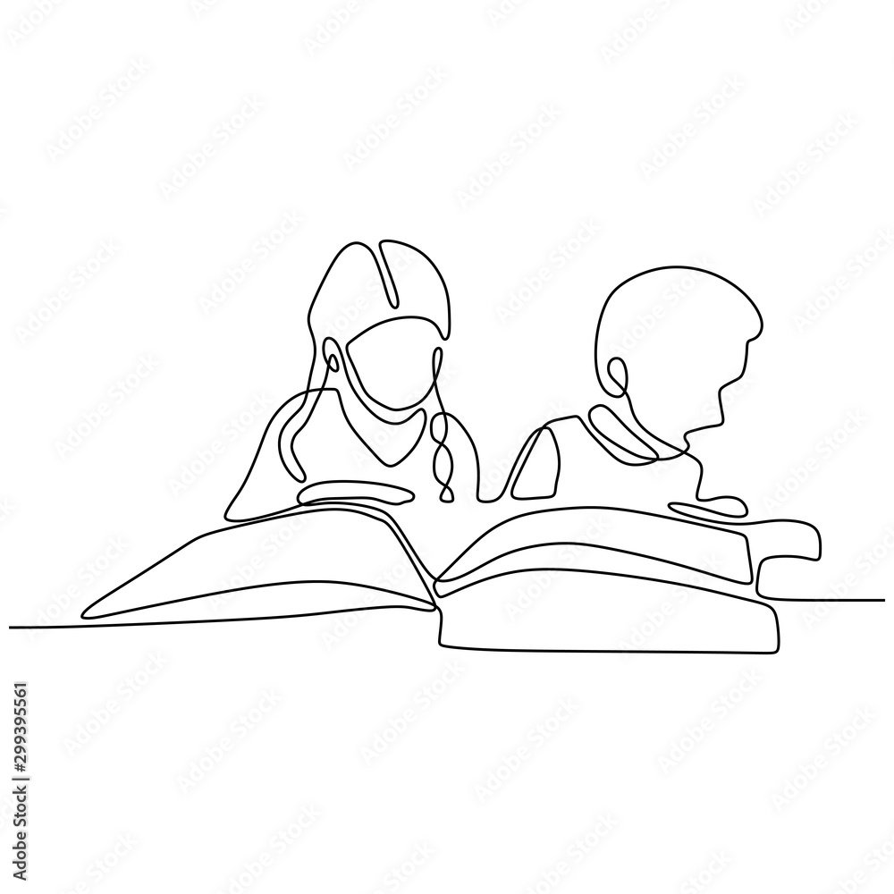continuous line drawing of kids read book minimalist vector ...